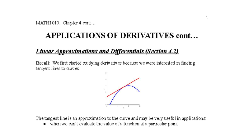 MATH1010: Chapter 4 - Applications of Derivatives & Linear Approximations - Studocu