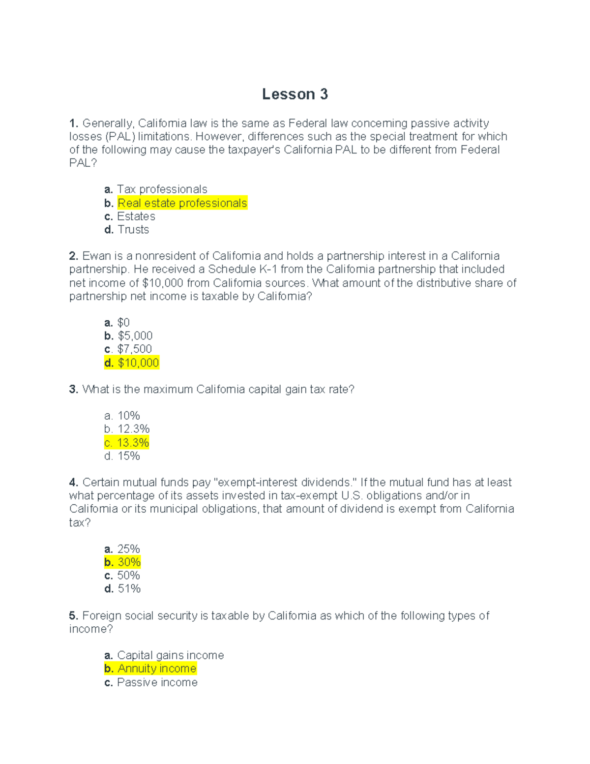 Lesson 3 - CTEC Test Practice Questions on California Tax Law - Studocu