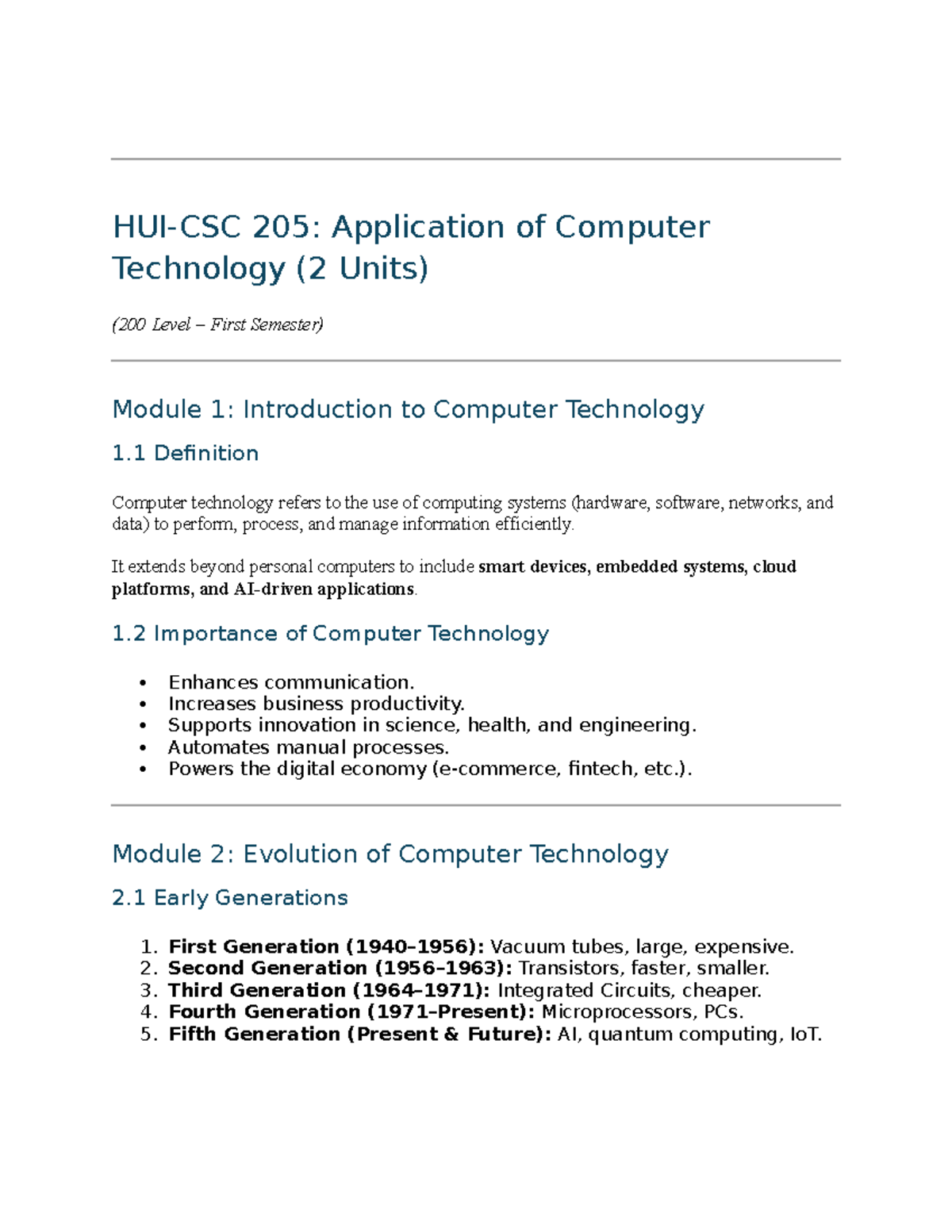 HUI-CSC 205: Intro to Computer Technology and Its Applications - Studocu