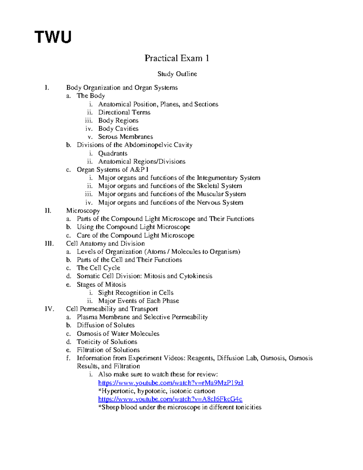 TWU Practical Exam 1 Study Guide: Body Organization & Systems - Studocu