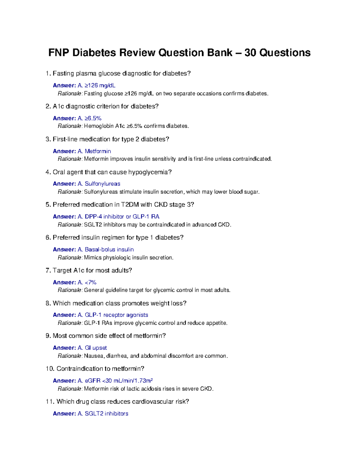 FNP Diabetes Review Question Bank: 30 Key Concepts and Answers - Studocu