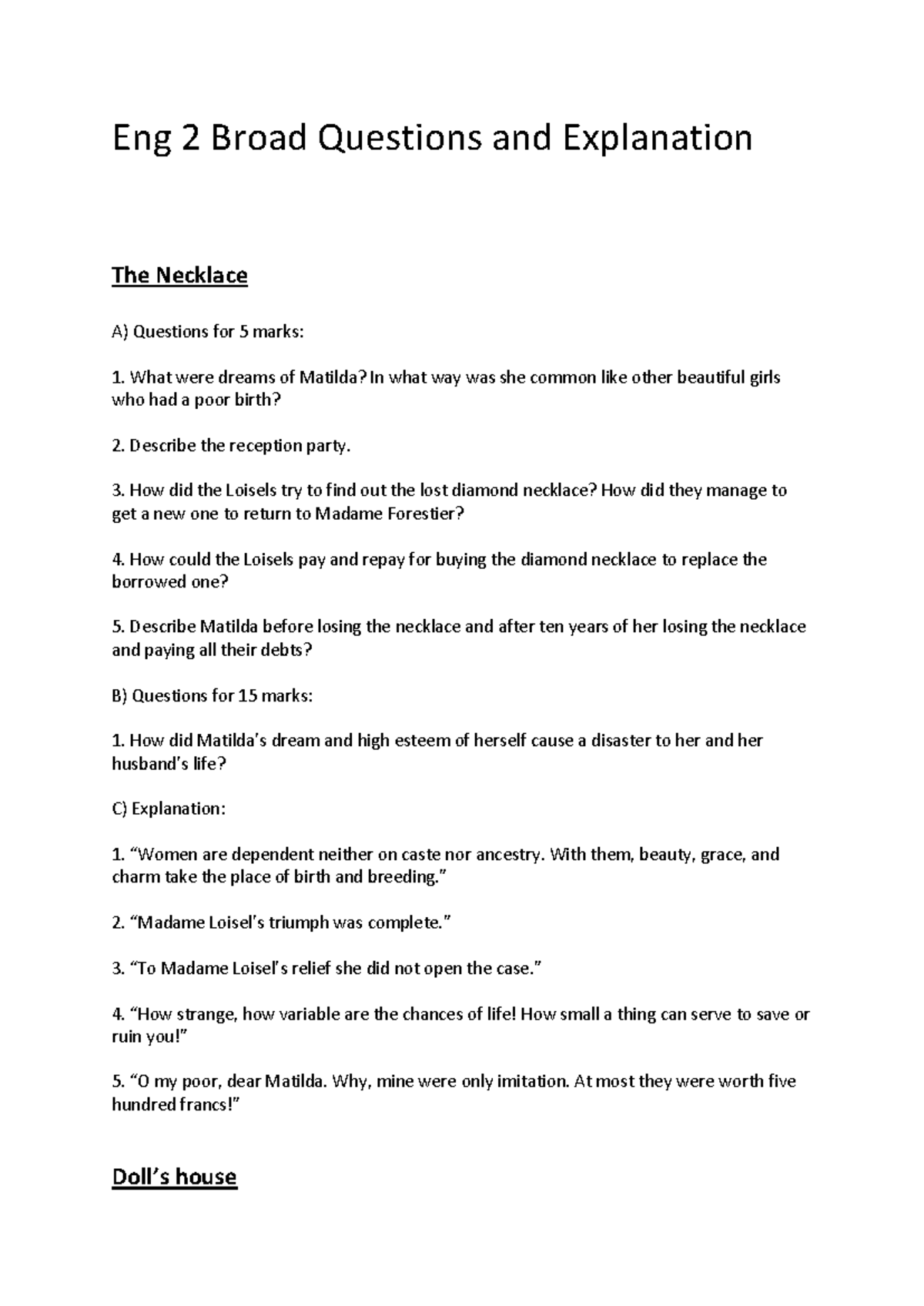 Eng 2 Broad Questions & Explanations: The Necklace & More - Studocu