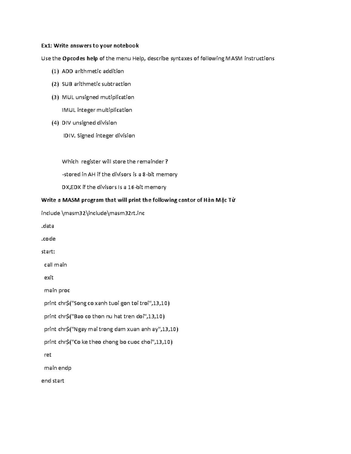 Assignment 1 - Use the Opcodes help of the menu Help, describe syntaxes ...