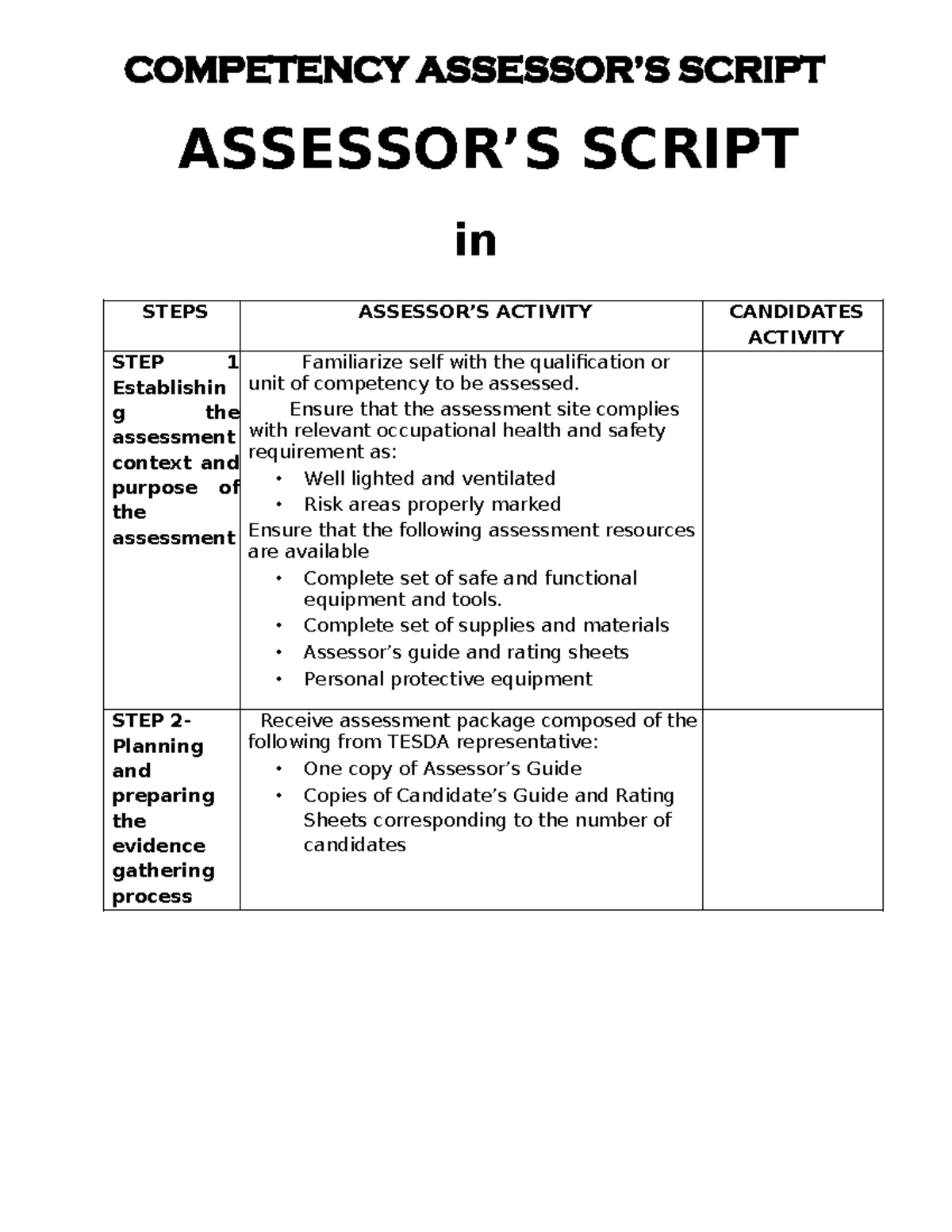 SCRIPT for STEP 1 Competency Assessment Preparation and Execution - Studocu