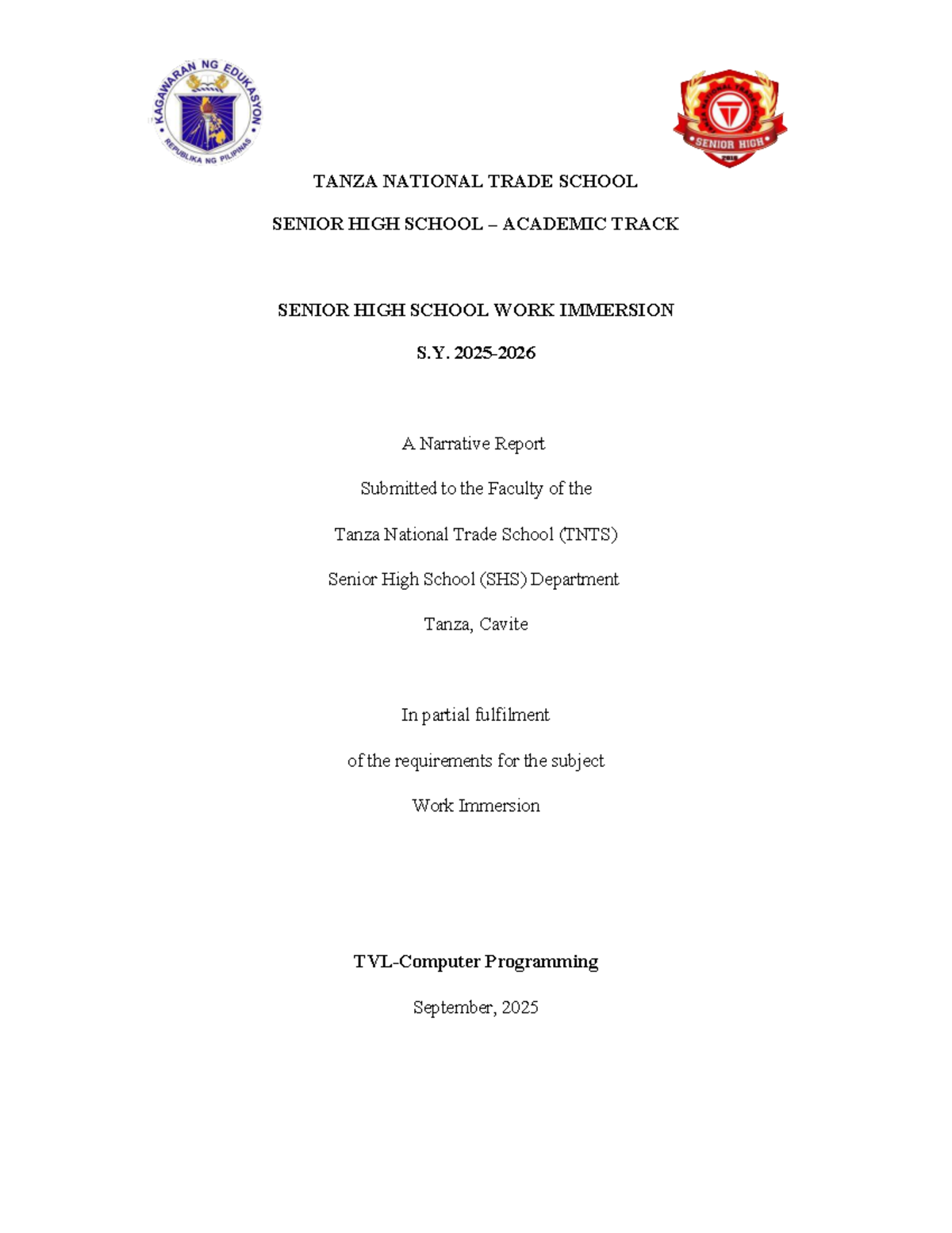TNTS SHS Work Immersion Narrative Report - Matthew Salaum - Studocu