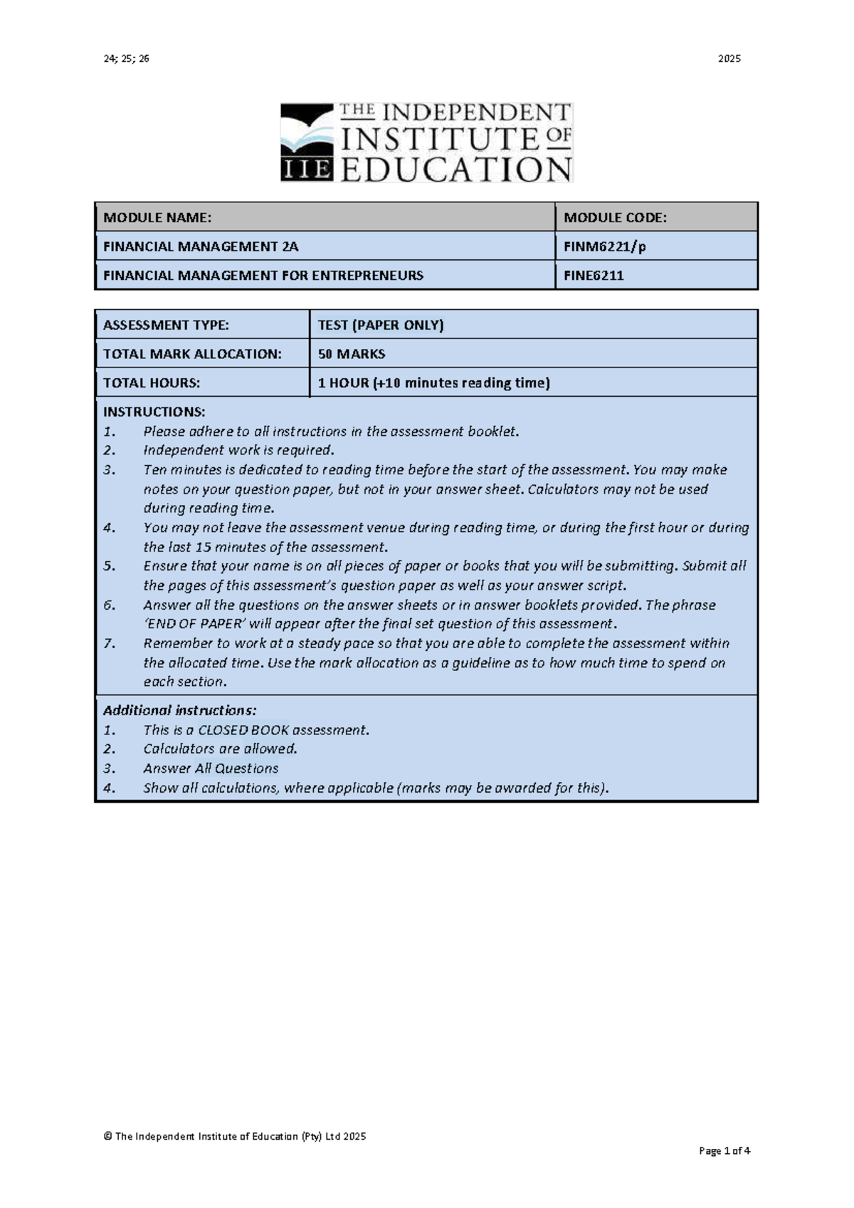 FINM6211 Test: Financial Management for Entrepreneurs 2025 - Studocu