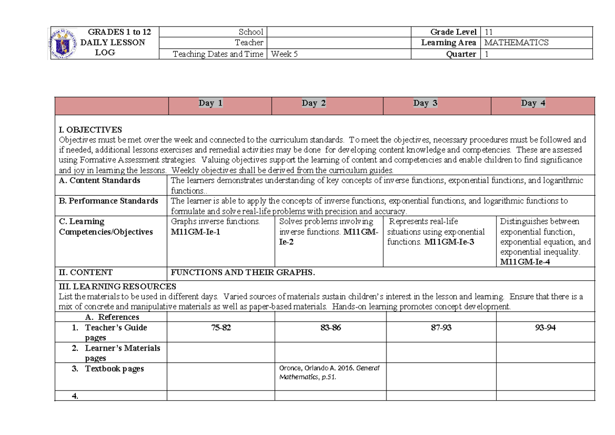 DLL Gen Math Week 5 Objectives and Activities Overview - DLL - Studocu