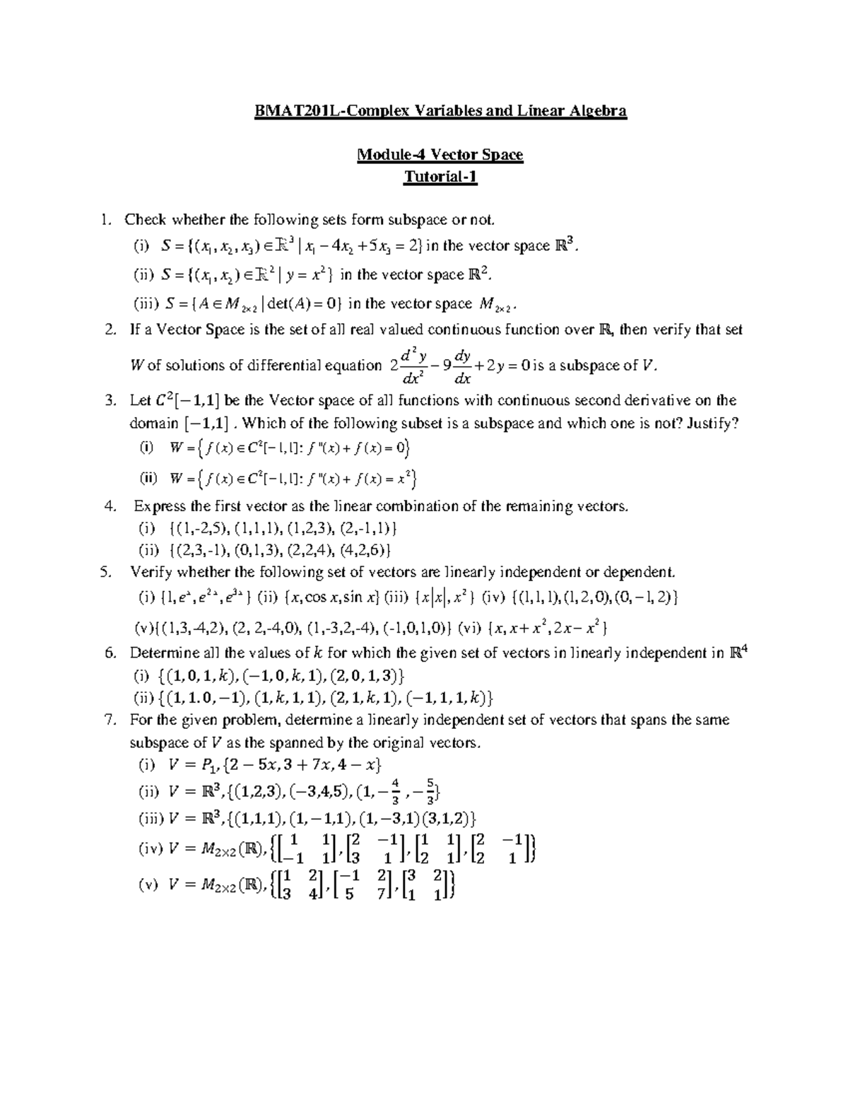 Mod 4 - Tut 1: Subspace Verification in Linear Algebra - Studocu