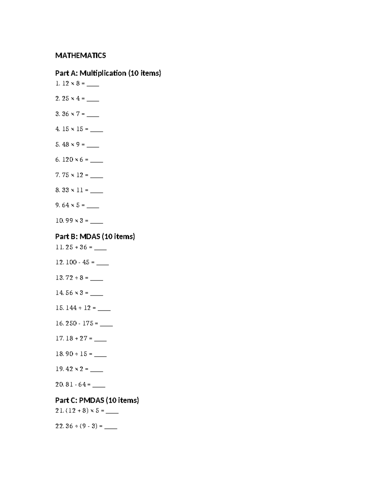 Grade 6 Math Worksheet: Multiplication & MDAS Practice - Studocu