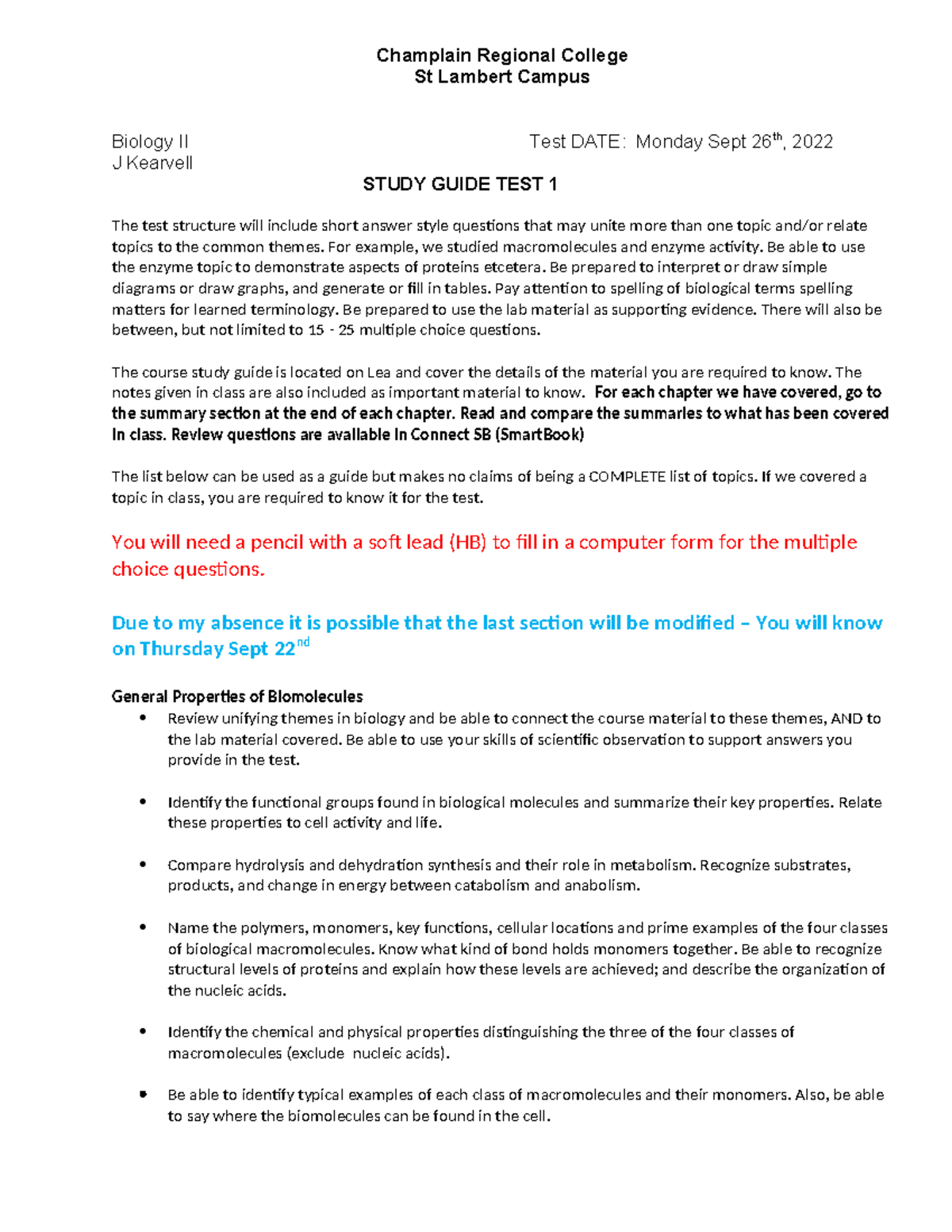 Biology II (BIO 202) Study Guide for Test 1 - Fall 2022 - Studocu