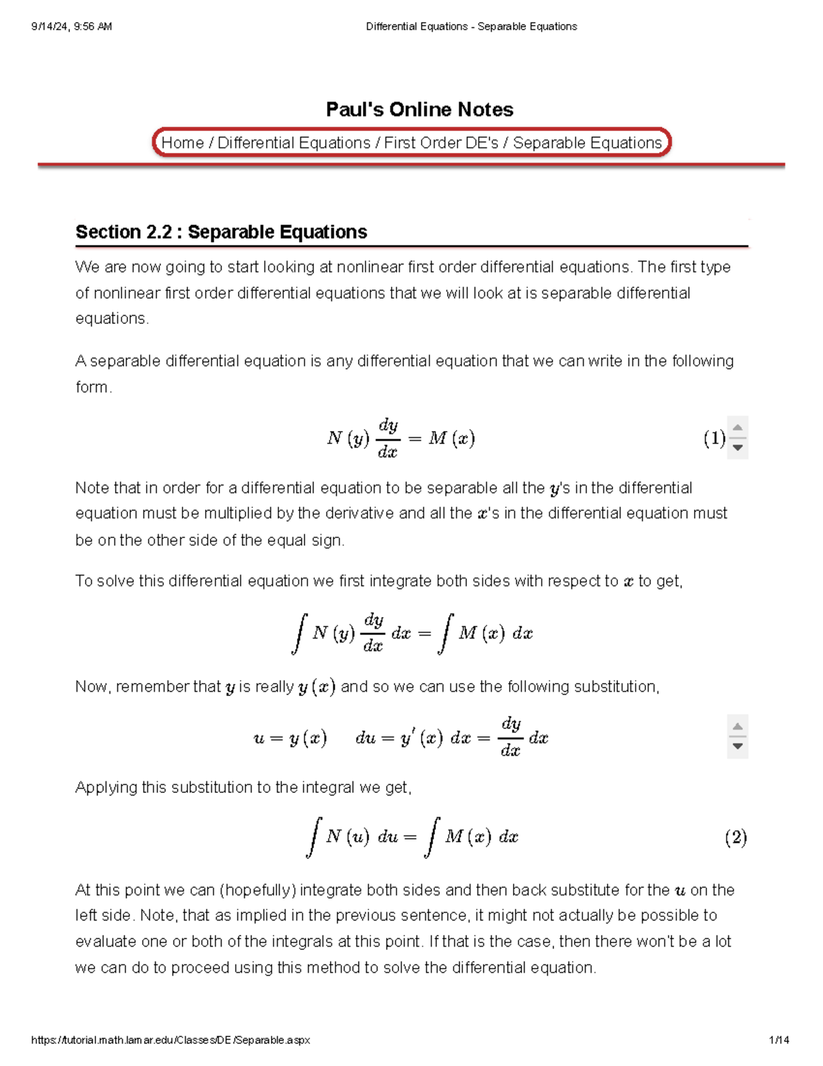 Differential Equations (MATH 301): Separable Equations Explained - Studocu