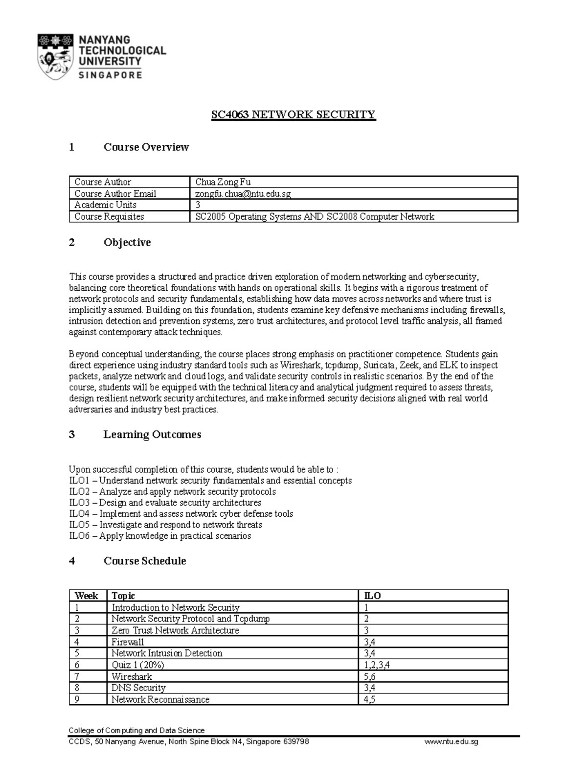 SC4063 NETWORK SECURITY 1 Course Overview and Learning Outcomes - Studocu