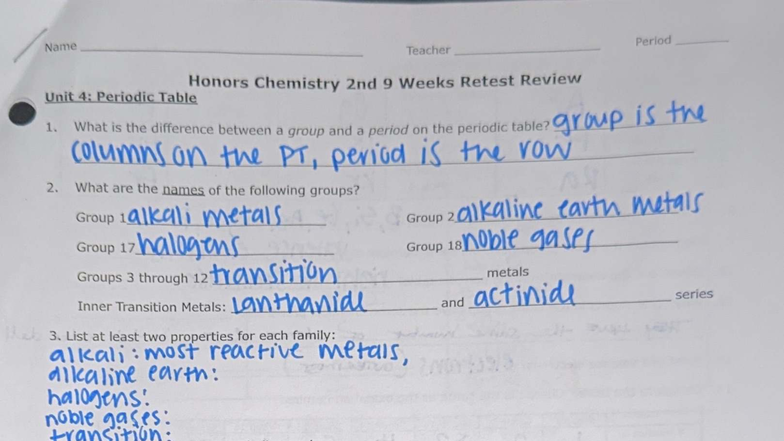 Honors Chemistry 2nd 9 Weeks Retest Review: Unit 4 - Periodic Table ...