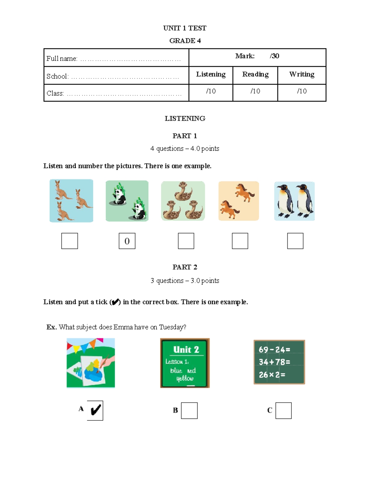 UNIT 1 TEST GRADE 4: Listening & Writing Activities - Studocu