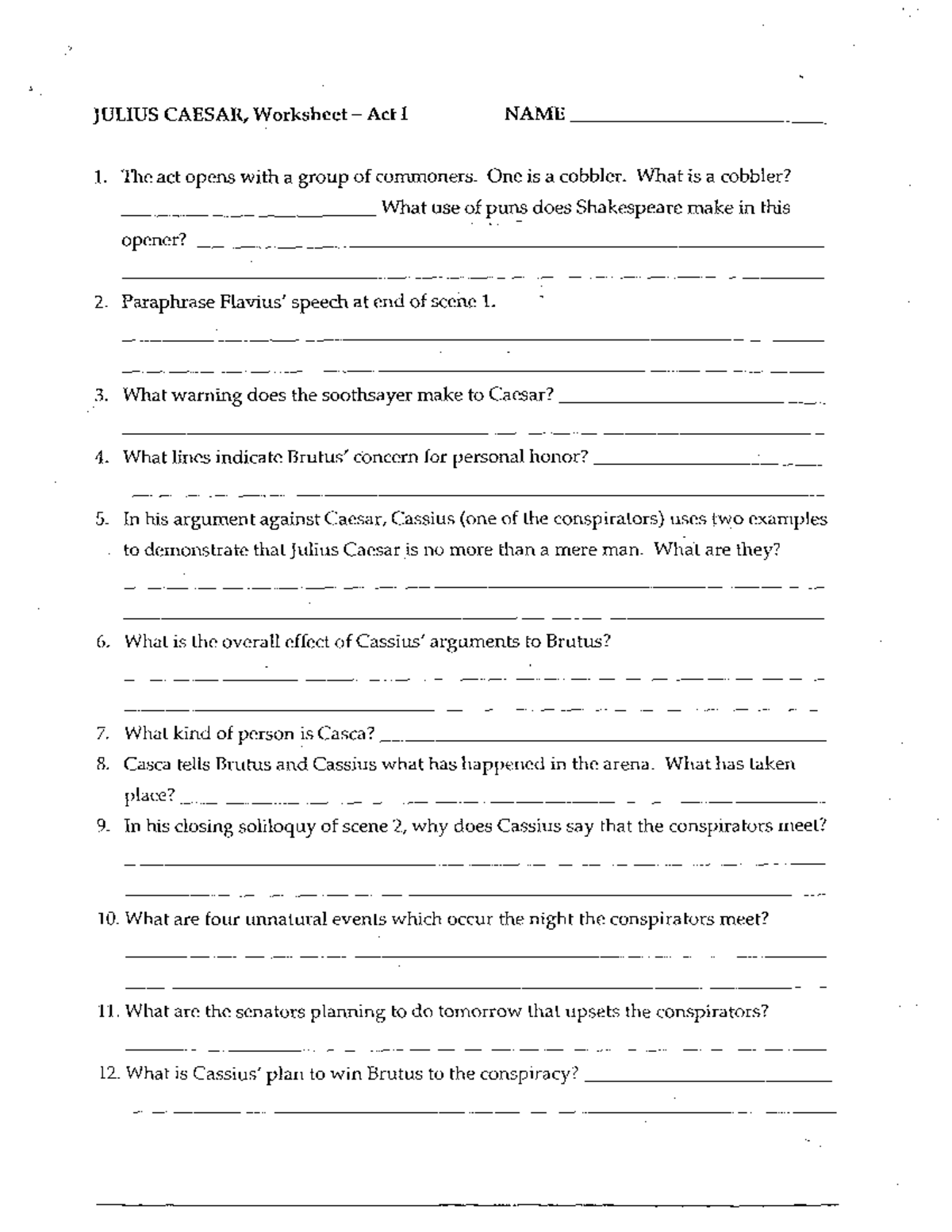 Julius Caesar Worksheet Analyzing Acts I-IV for Study Purposes - Studocu