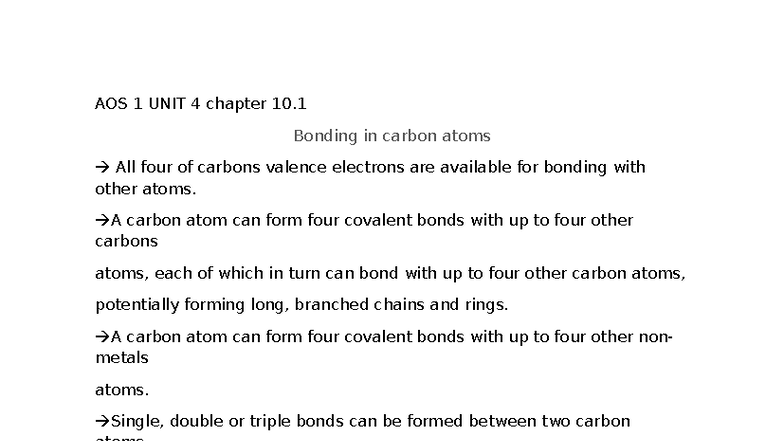 UNIT 4 AOS 1 Chapter 10: Bonding and Properties of Carbon Compounds ...