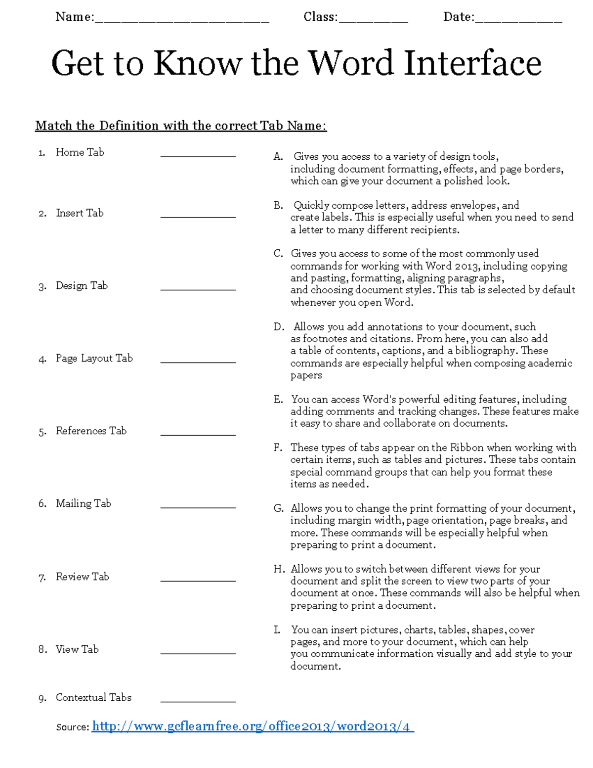 Getting to Know Word Interface Worksheet - Name ...