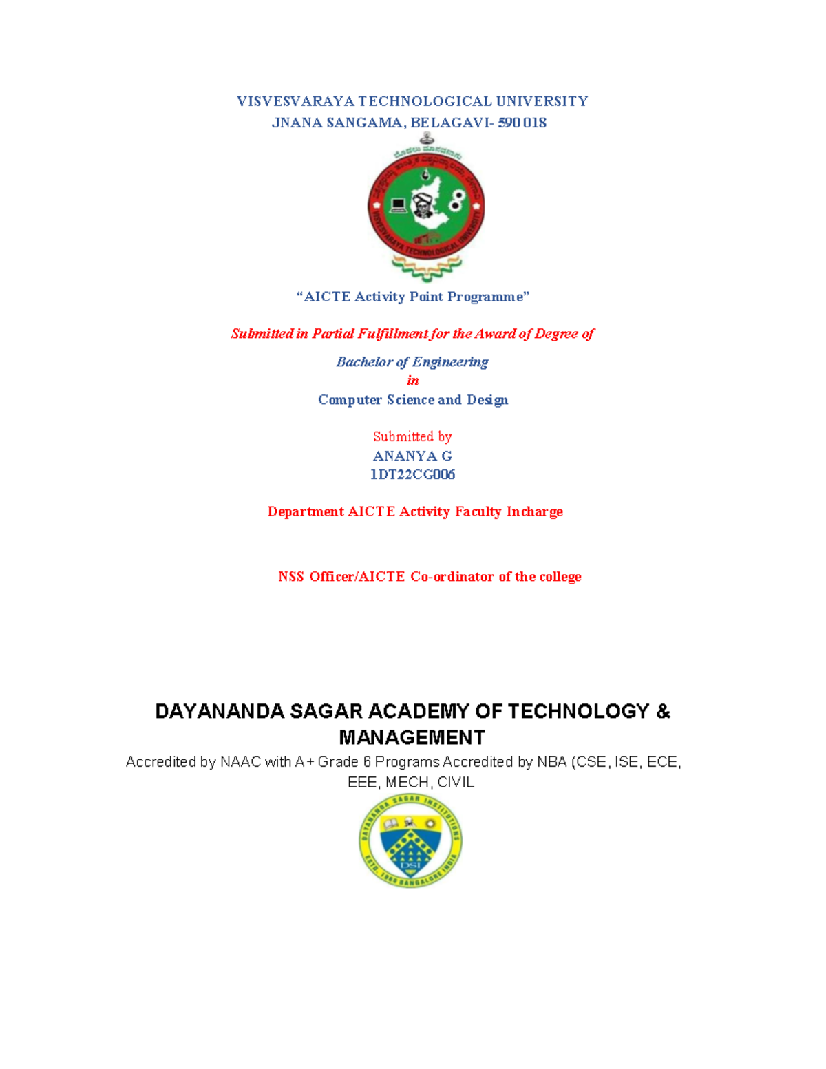 AICTE Activity Point Programme Report - Ananya G (1DT22CG006) - Studocu