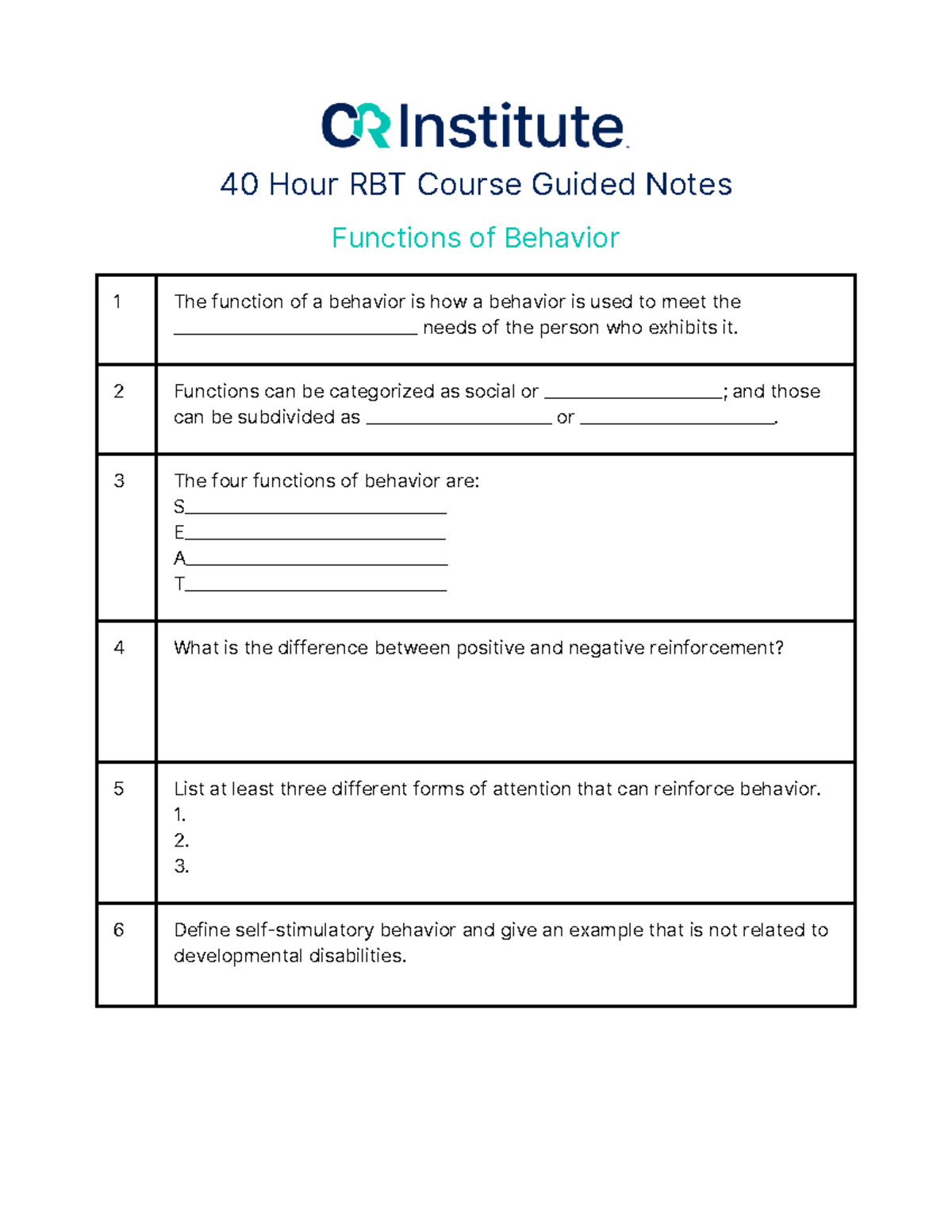 40 Hour RBT Course Guided Notes: Functions of Behavior - Studocu
