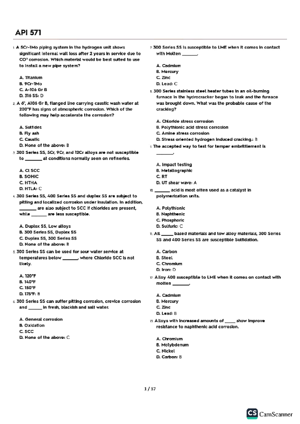 P12 - Api 570 1 exam questions piping quiz. - Api 570 1 exam questions piping quiz. - Studocu