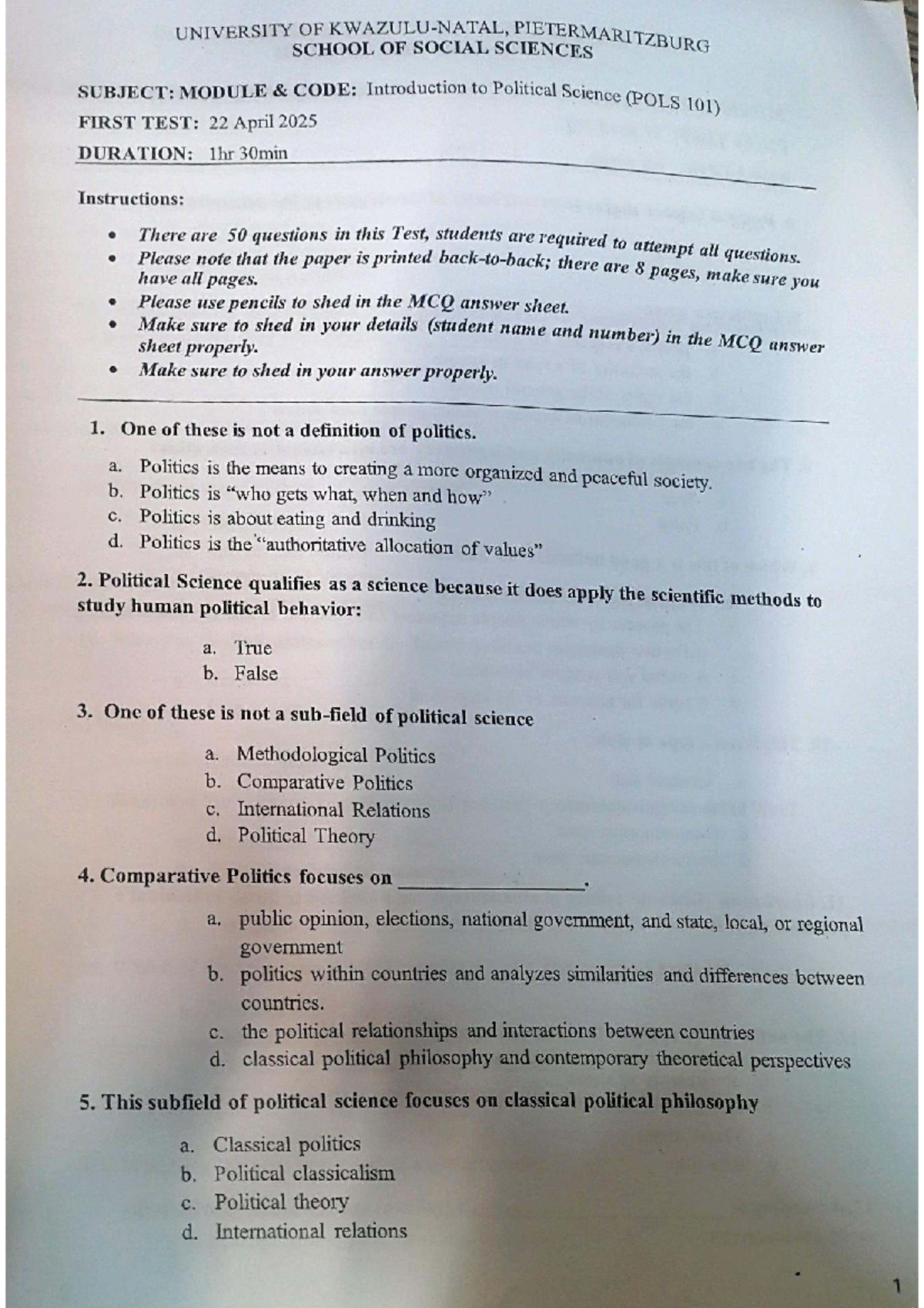 POLS 101: Introduction to Political Science - First Test Review Guide ...