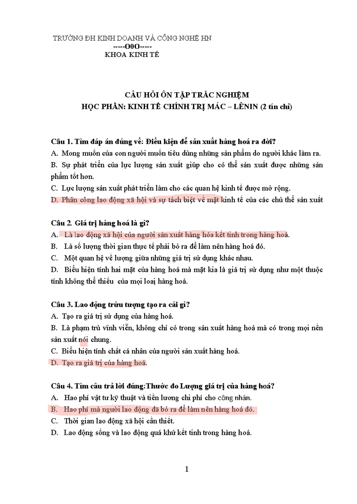 ÔN TẬP TRẮC NGHIỆM KINH TẾ CHÍNH TRỊ MÁC LÊNIN - KTTT2 - Studocu