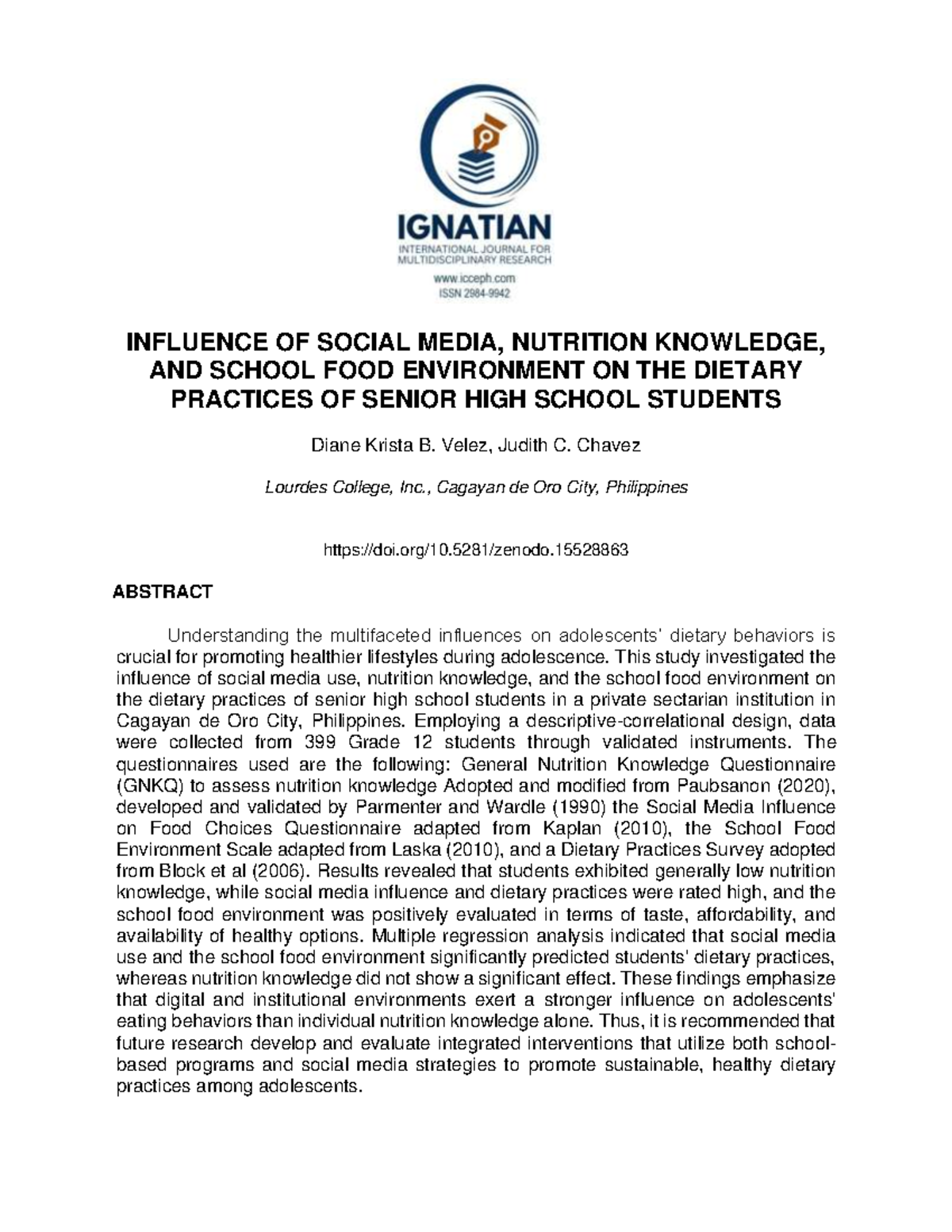 Dietary Practices of Senior High School Students: Social Media ...