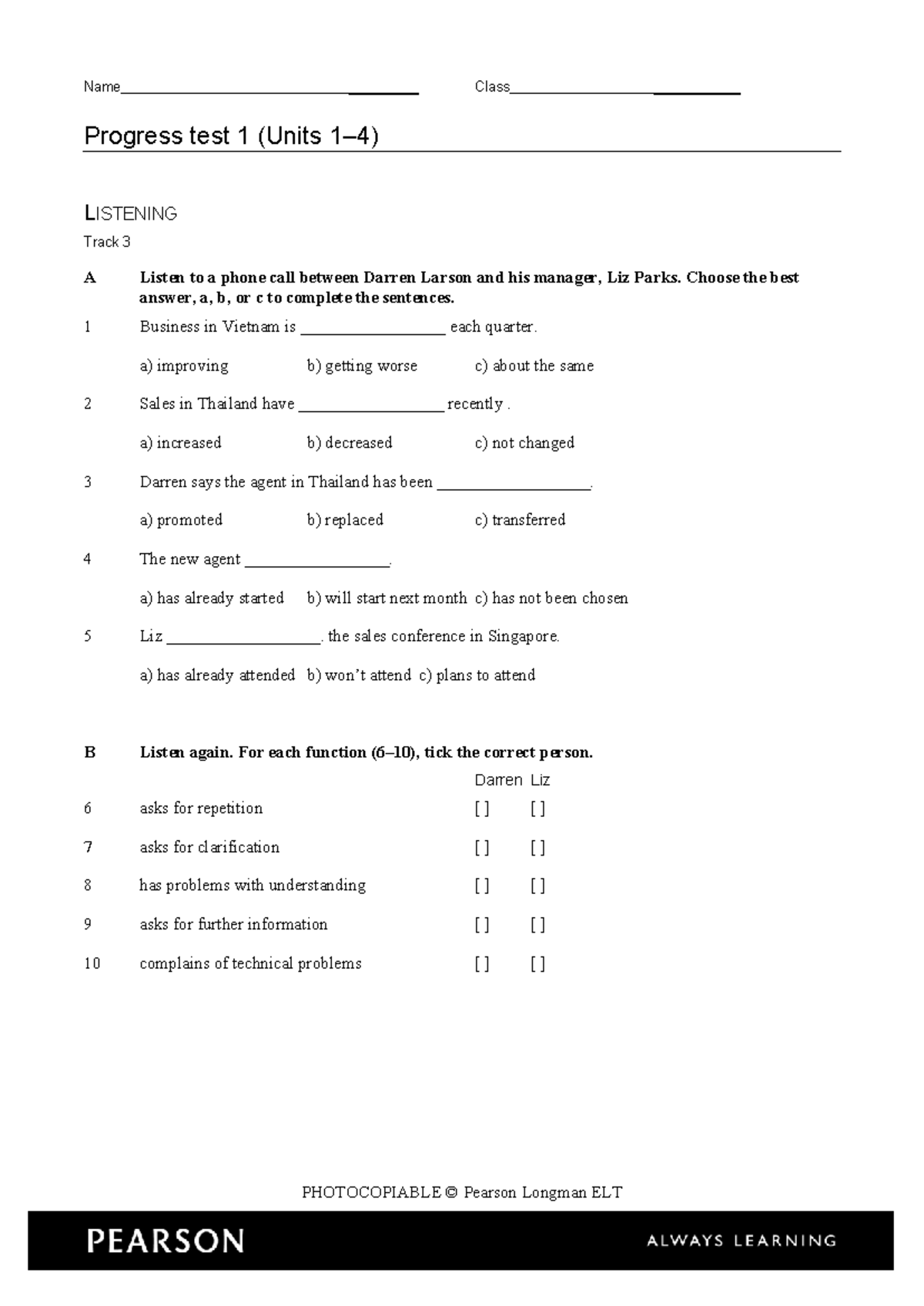 Name Class Progress Test 1: Listening & Vocabulary Skills (Units 1-4 ...