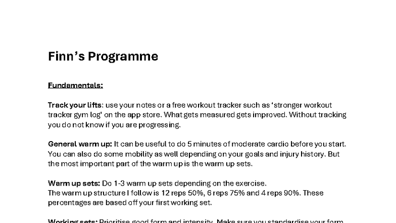Finn Programme: Tracking Lifts & Workout Structure Guide - Studocu