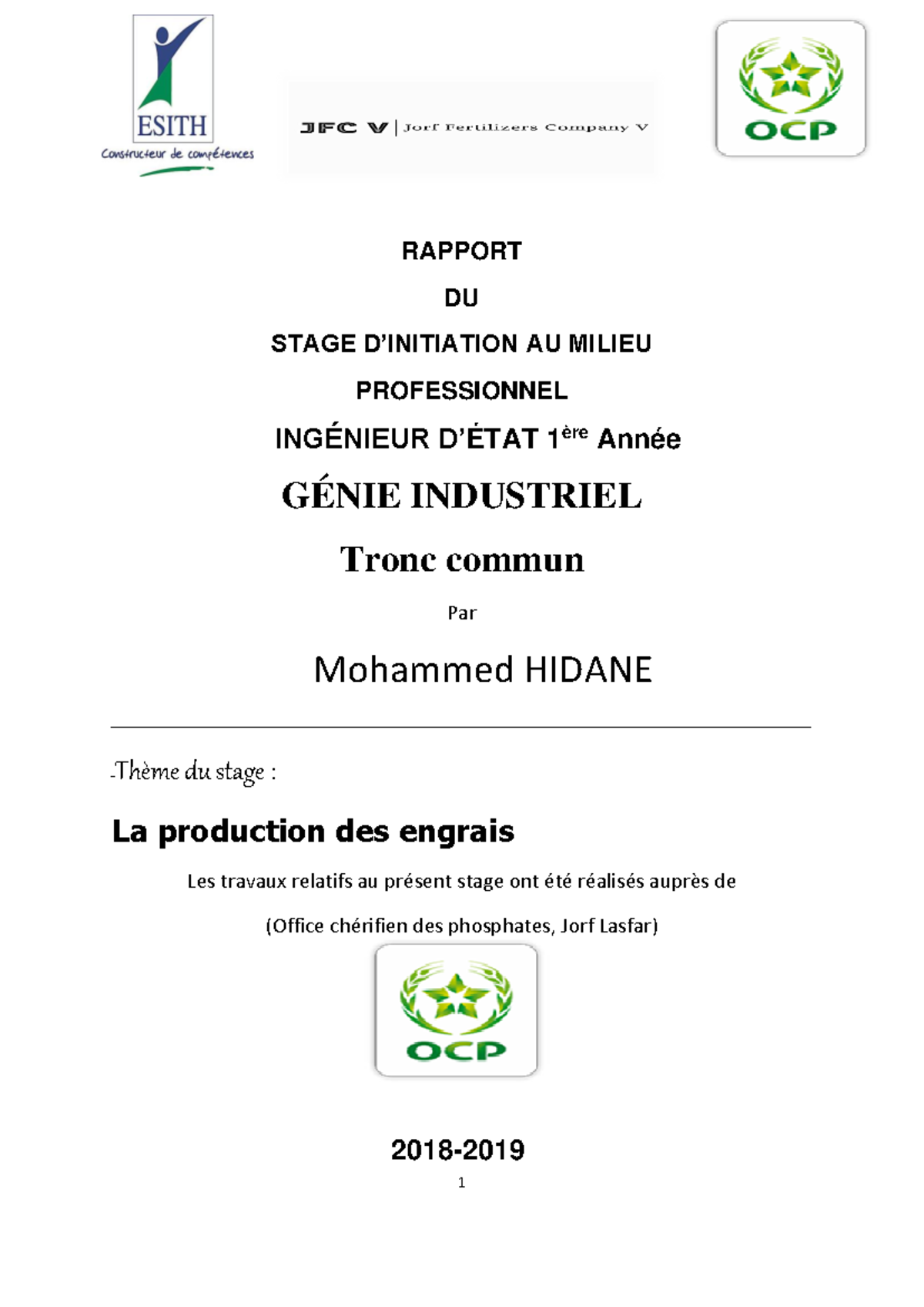 Rapport de Stage : Initiation au Milieu Professionnel en Génie ...