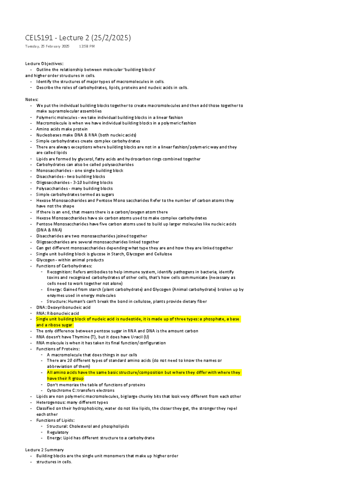 CELS191 Lecture 2: Macromolecules and their roles in cells - Studocu
