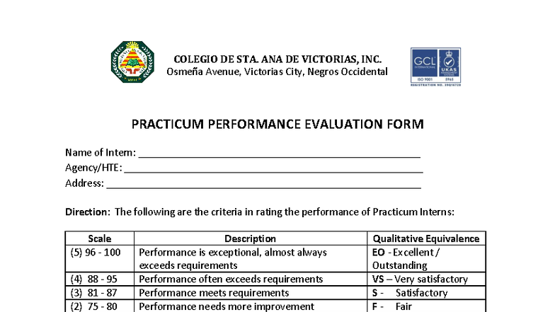 OJT Performance Evaluation Form for Practicum Interns - Studocu