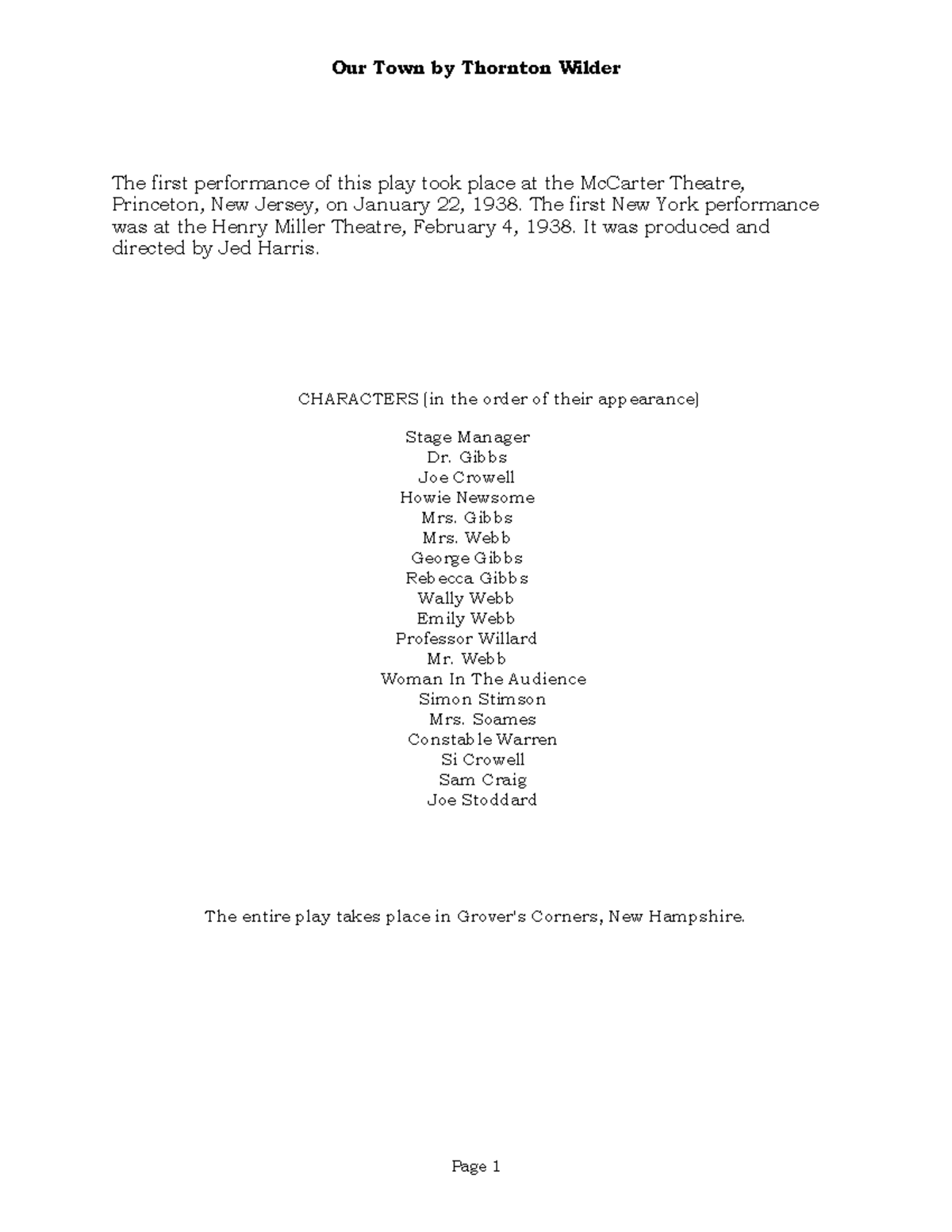 Ourtownpdf - Complete Script of "Our Town" by Thornton Wilder - Studocu
