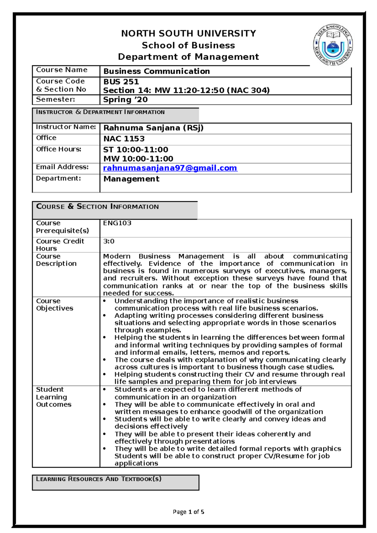 BUS 251: Business Communication Course Outline and Syllabus - Studocu