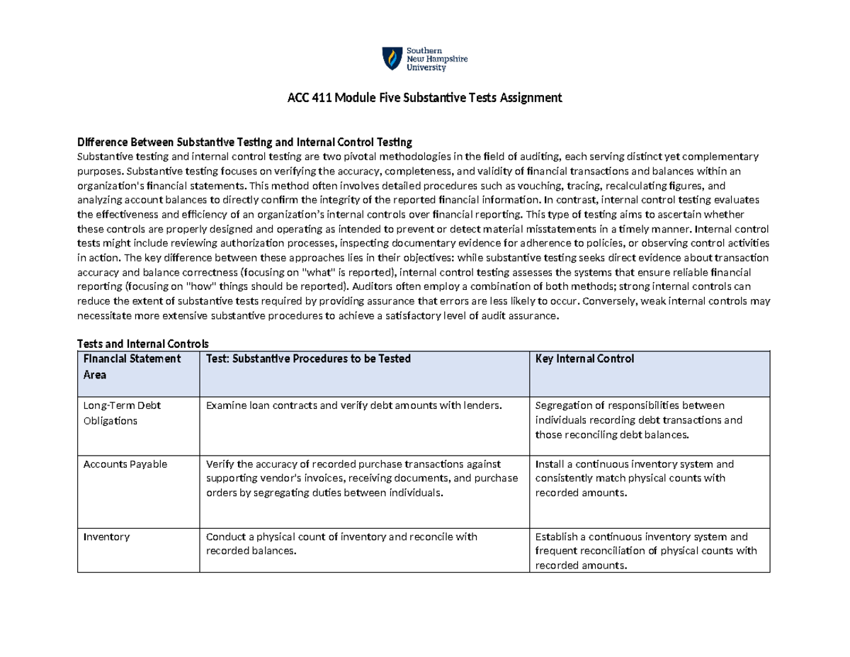 ACC 411 5-3 Assignment: Substantive Tests vs. Internal Controls - Studocu