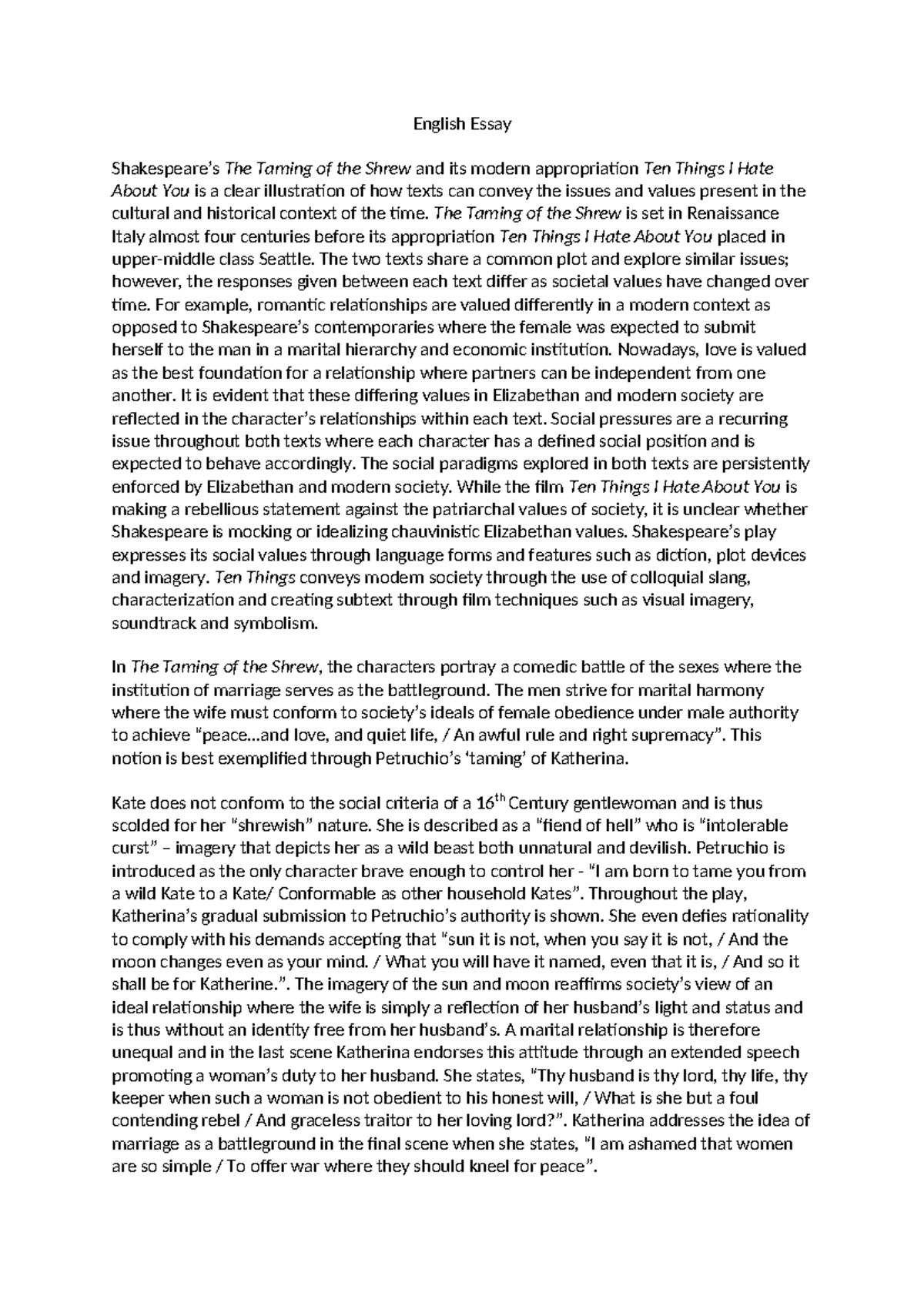 ENG101 Essay: The Taming of the Shrew vs. Ten Things I Hate About You ...