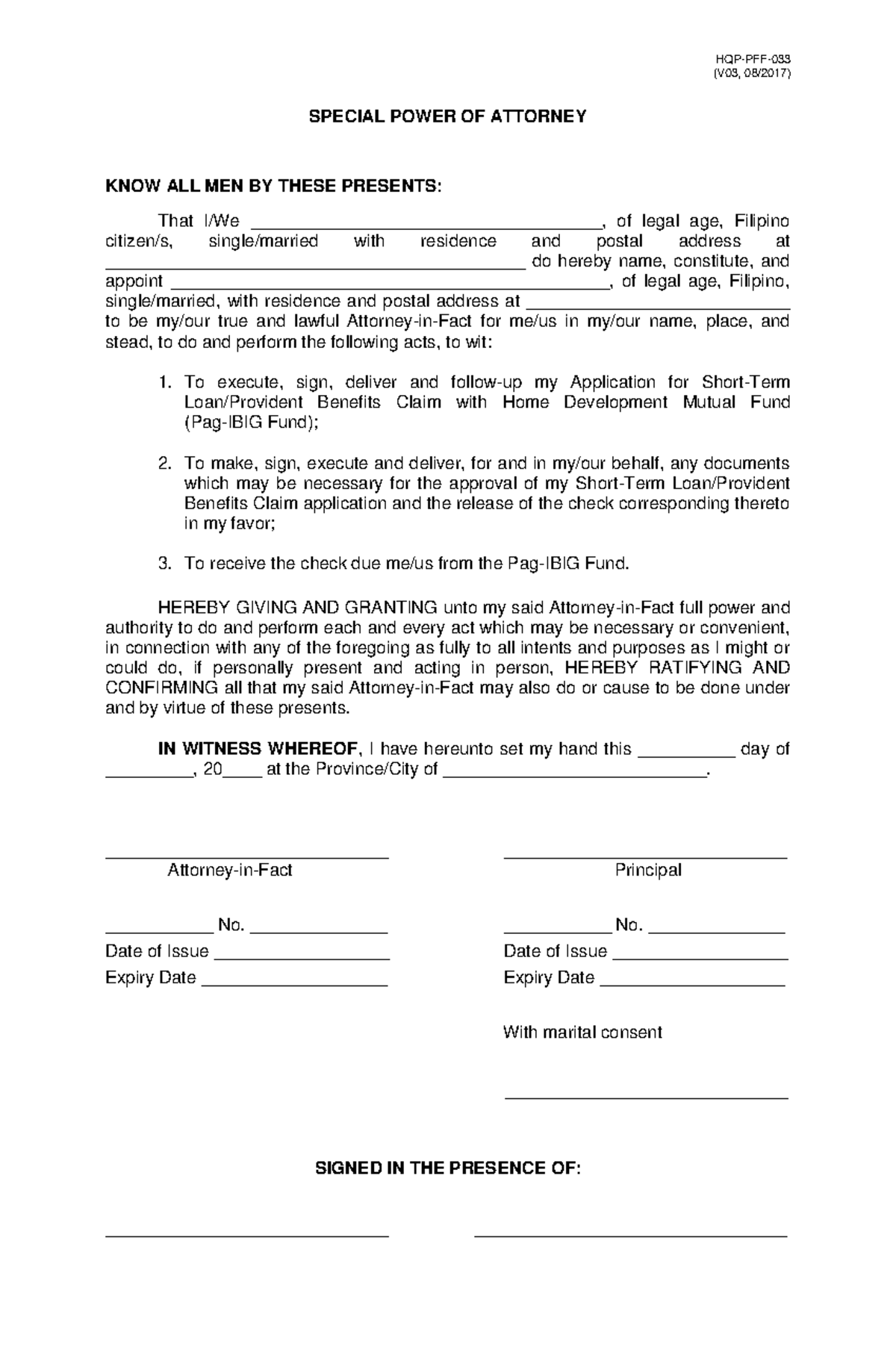 PFF033 Special Power of Attorney Document V03 - Legal Form Template ...