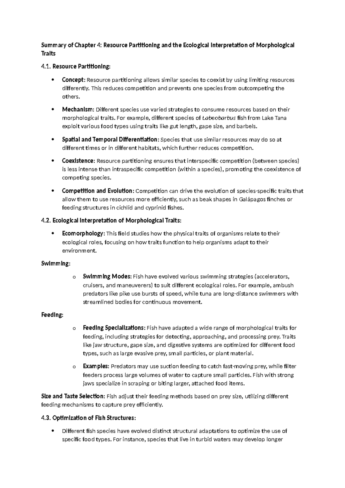 Summary of Chapter 4: Resource Partitioning & Morphological Traits ...