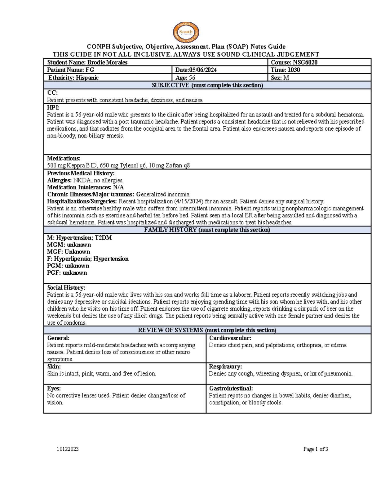 NSG6020 SOAP Note Guide for Clinical Assessment and Planning - Studocu