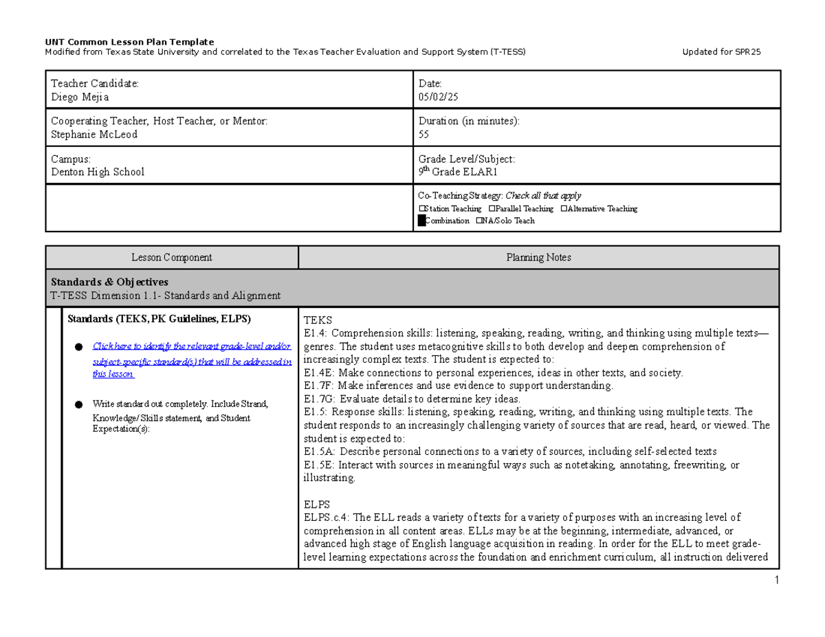UNT Common Lesson Plan for 9th Grade ELAR1 - SPR25 - Studocu