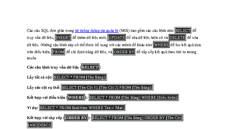 Các câu lệnh SQL cơ bản trong Hệ thống Thông tin Quản lý (MIS) - Studocu