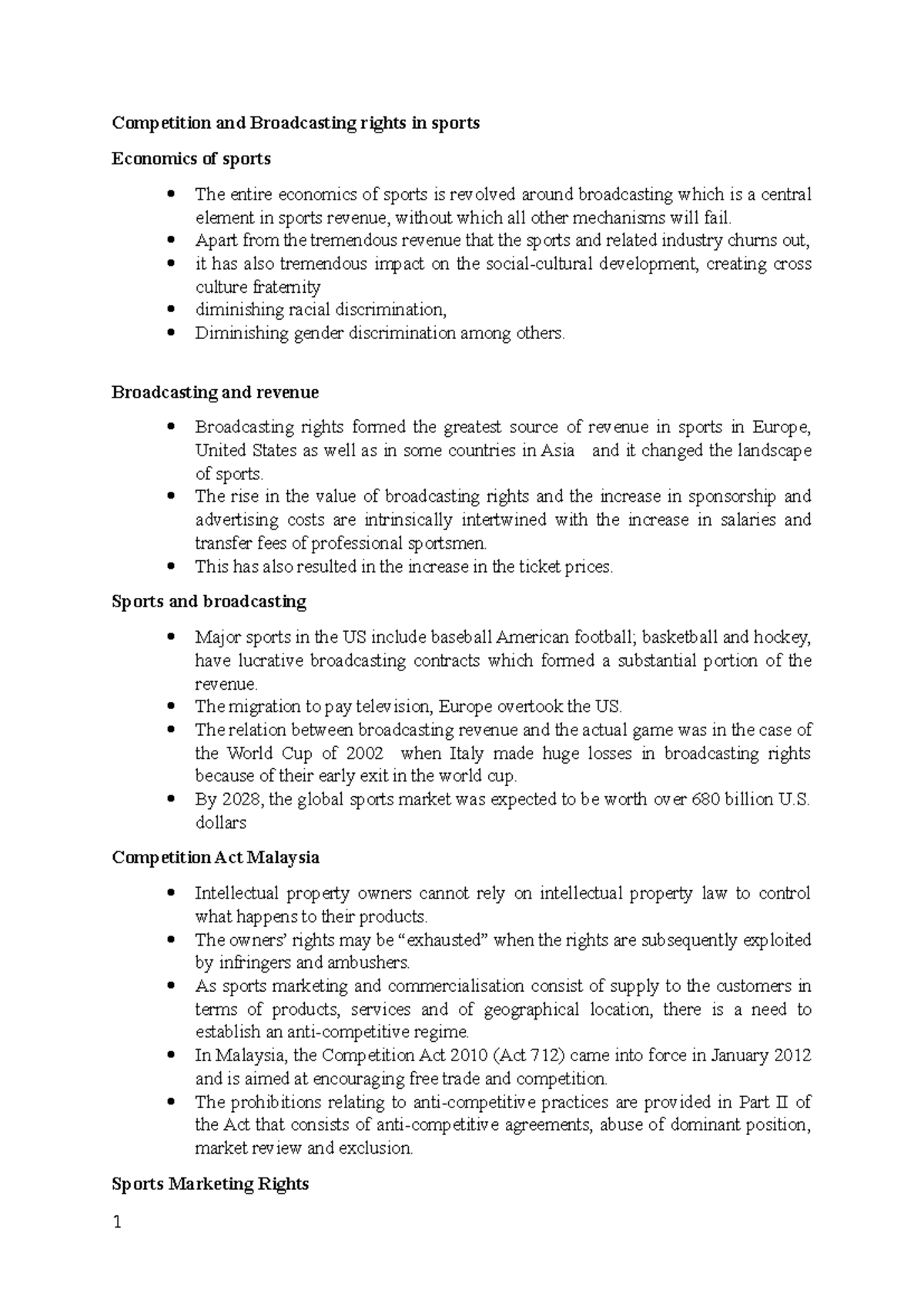 Competition and Broadcasting Rights in Sports: An Economic Analysis ...