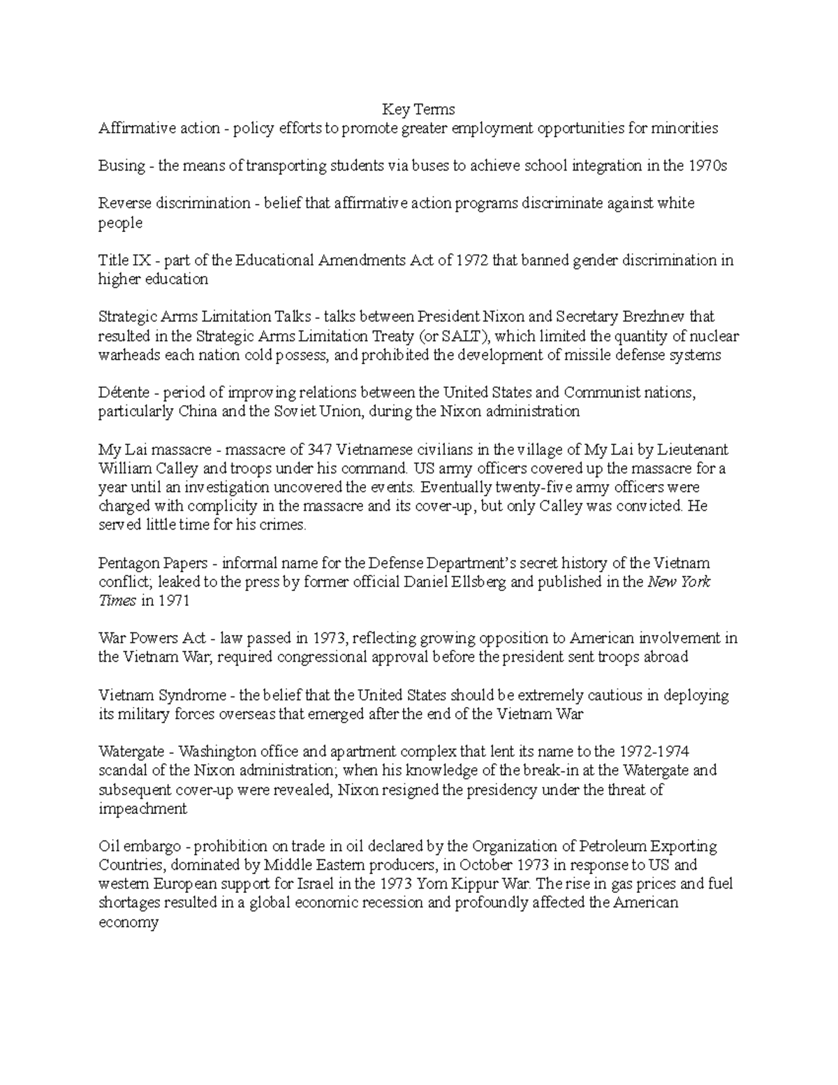 APUSH Chapter 26 Key Terms: Understanding the 1970s & 1980s - Studocu