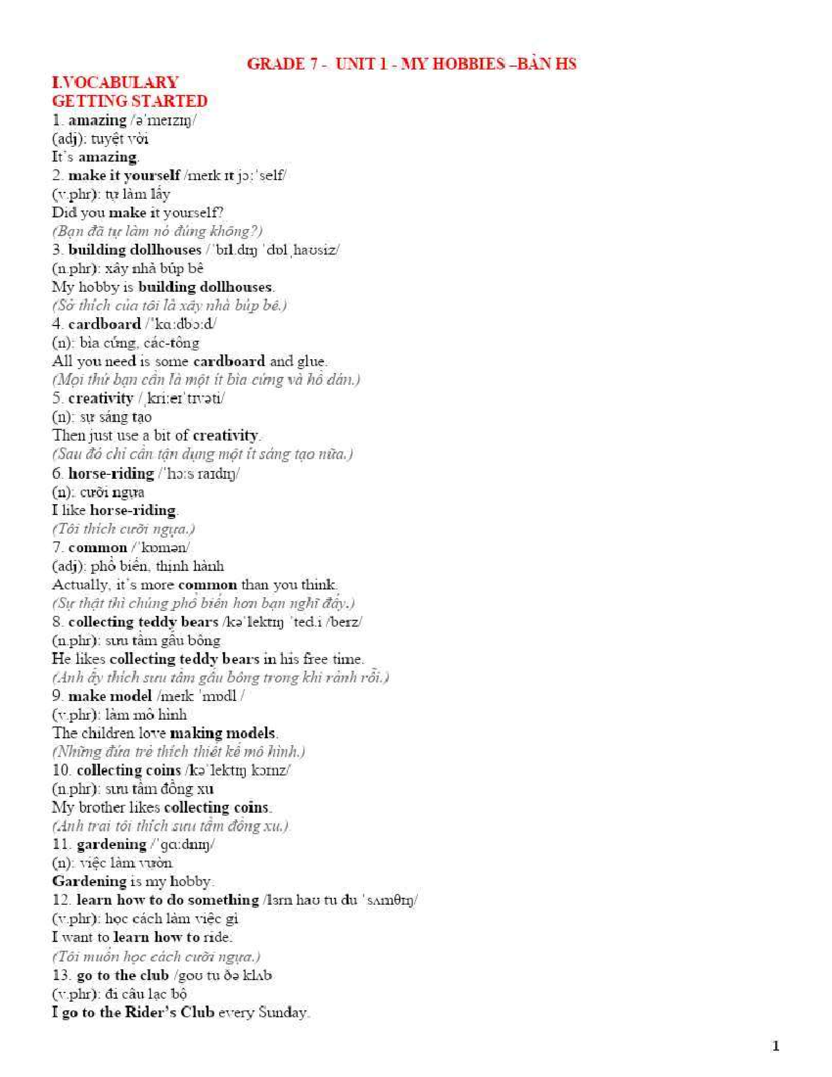 Grade 7 Unit 1 Vocabulary: My Hobbies and Activities - Studocu