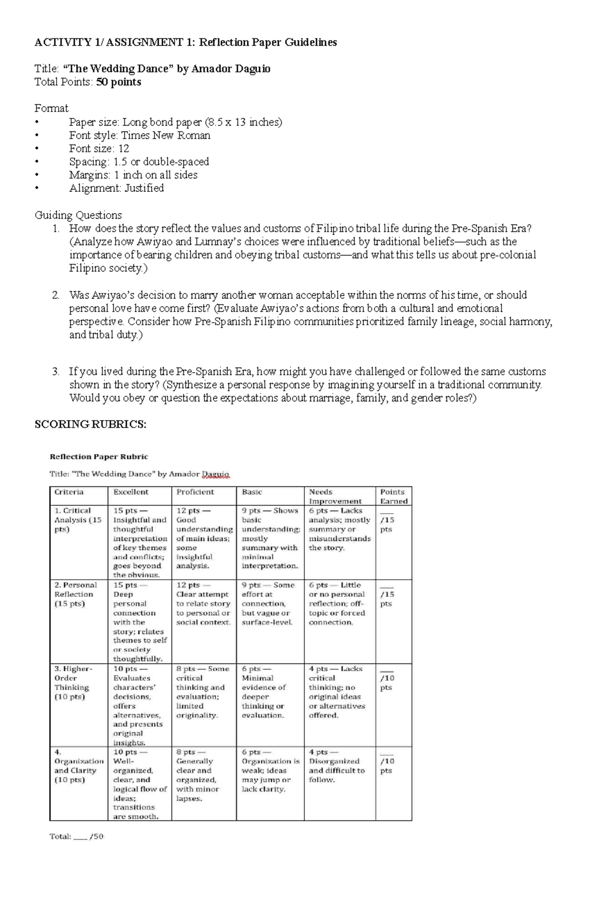 ACTIVITY ASSIGNMENT 1: RPH Reflection on "Wedding" by Amador Daguio ...