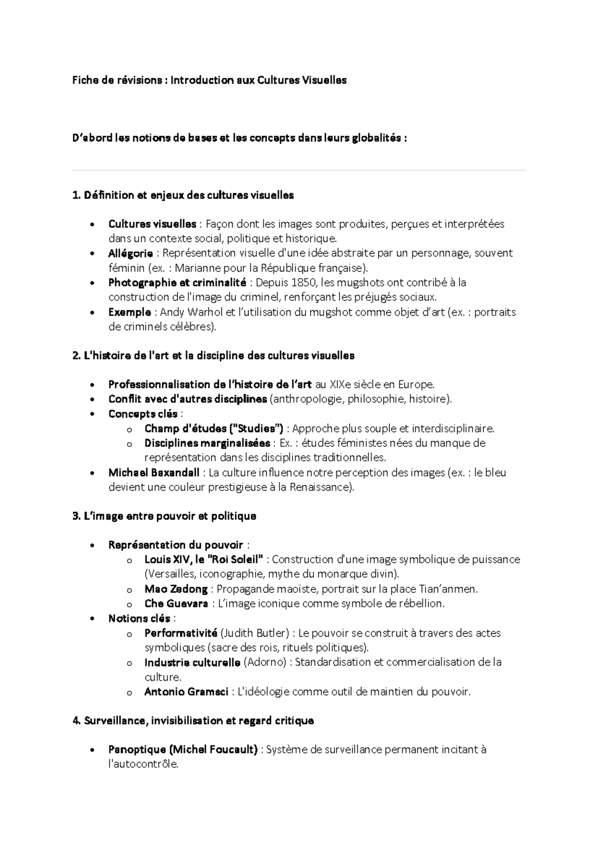 Fiche de Révisions : Introduction aux Cultures Visuelles (CV101) - Studocu