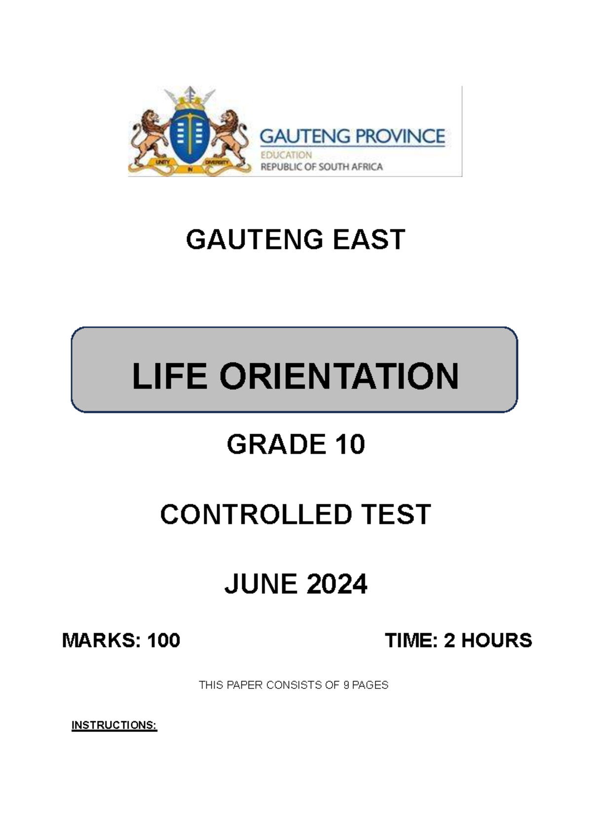 GAUTENG EAST LIFE ORIENTATION GRADE 10 JUNE 2024 CONTROLLED TEST QP ...
