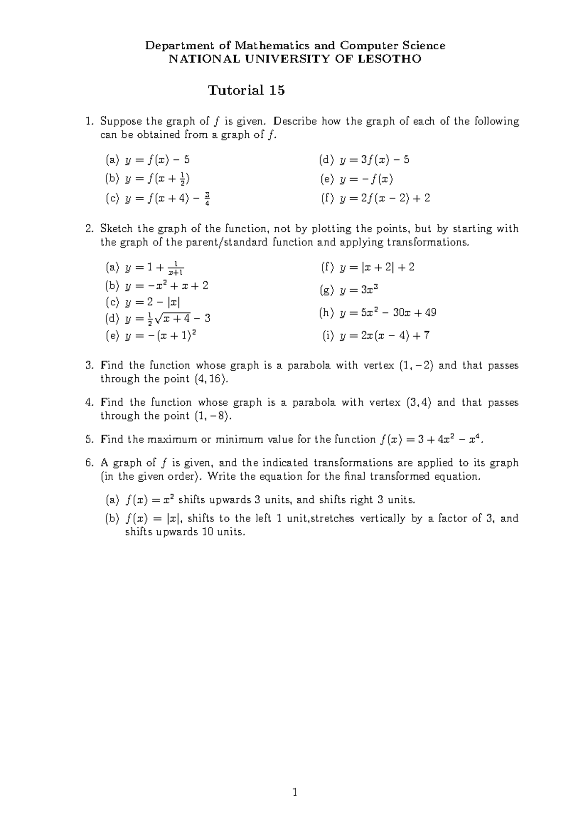 Tutorial 15 - Transformations of Functions in Math 101 - Studocu