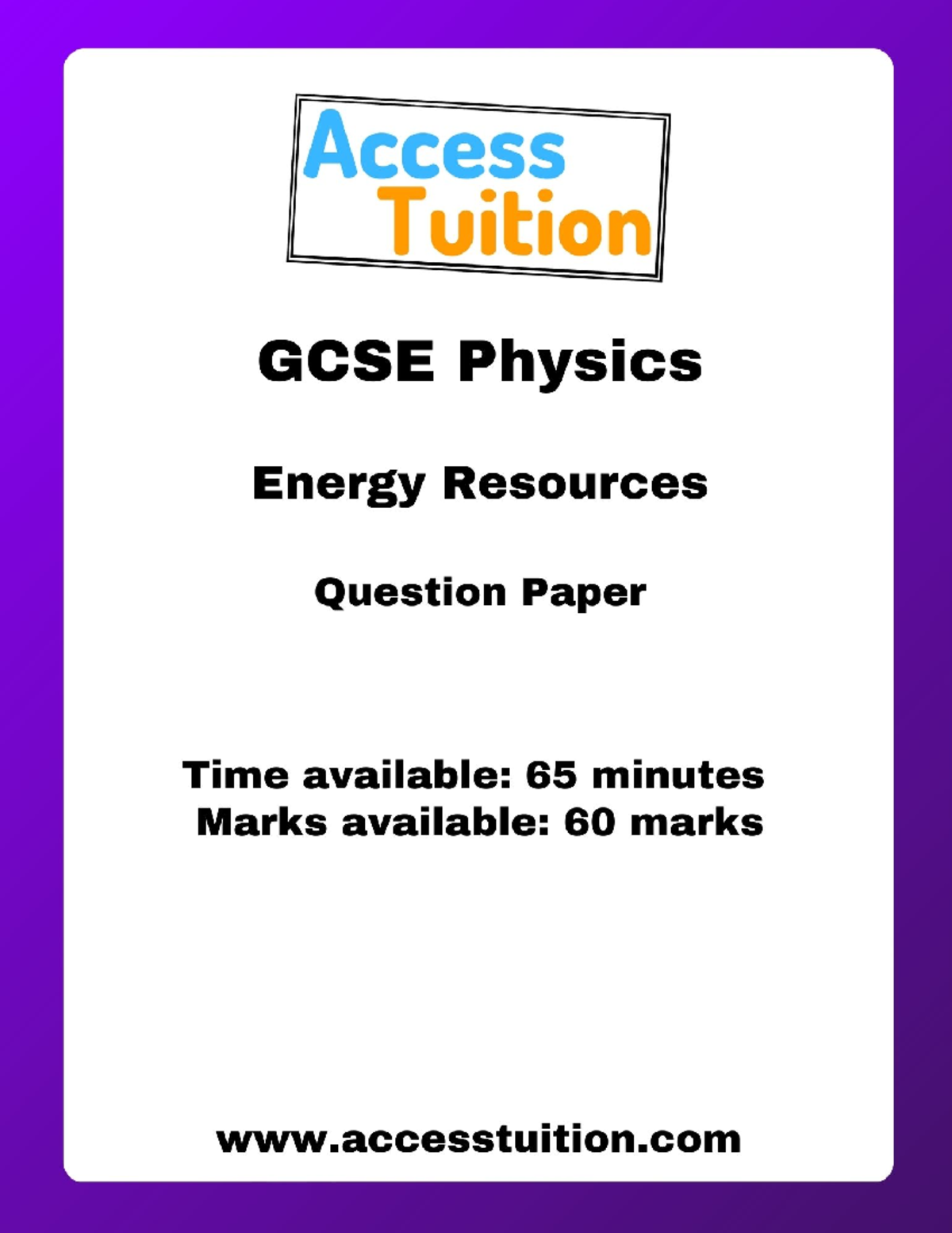 AQA GCSE Physics Energy Resources Quiz Paper - Studocu