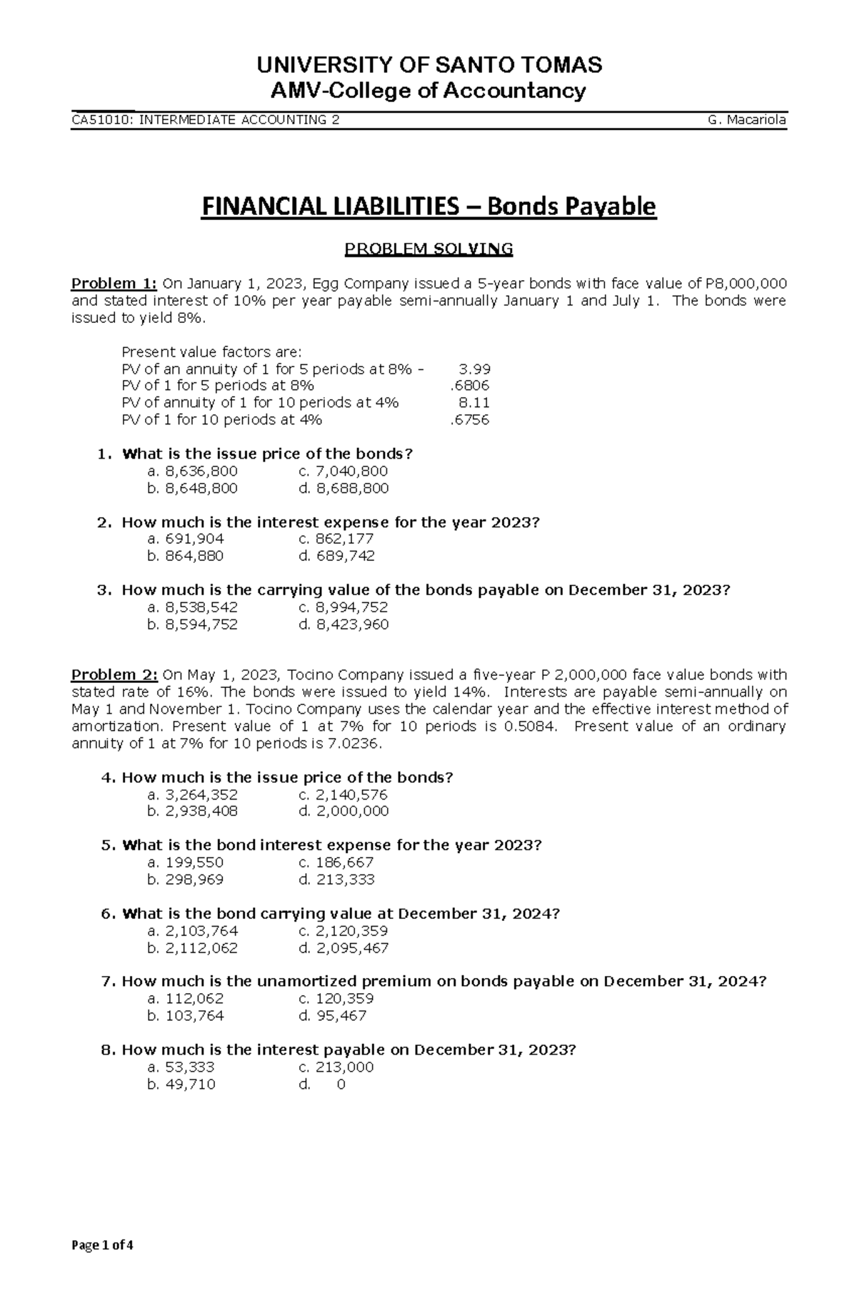 CA 51010: Intermediate Accounting 2 - Bonds Payable Problem Set - Studocu